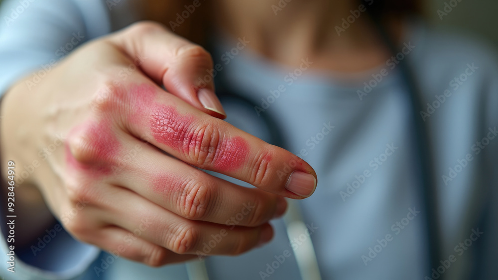 A close-up image focusing on a woman's hand that appears red, irritated ...