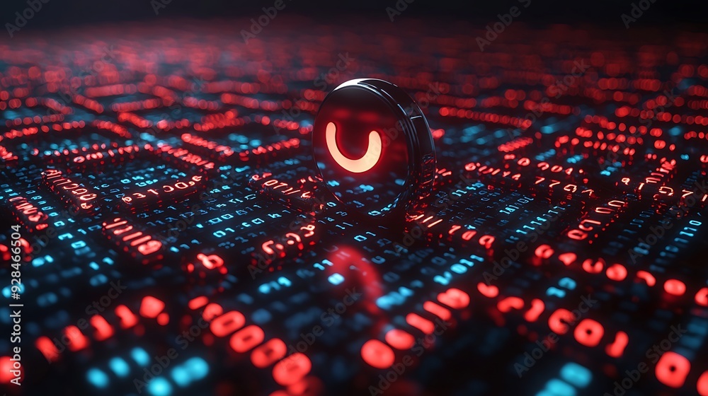 A 3D search bar floating over a sea of binary code, symbolizing the ...