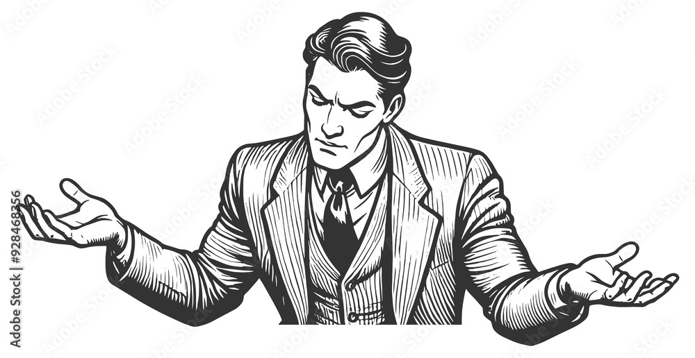 man in suit, crouching with his arms outstretched in puzzled or ...