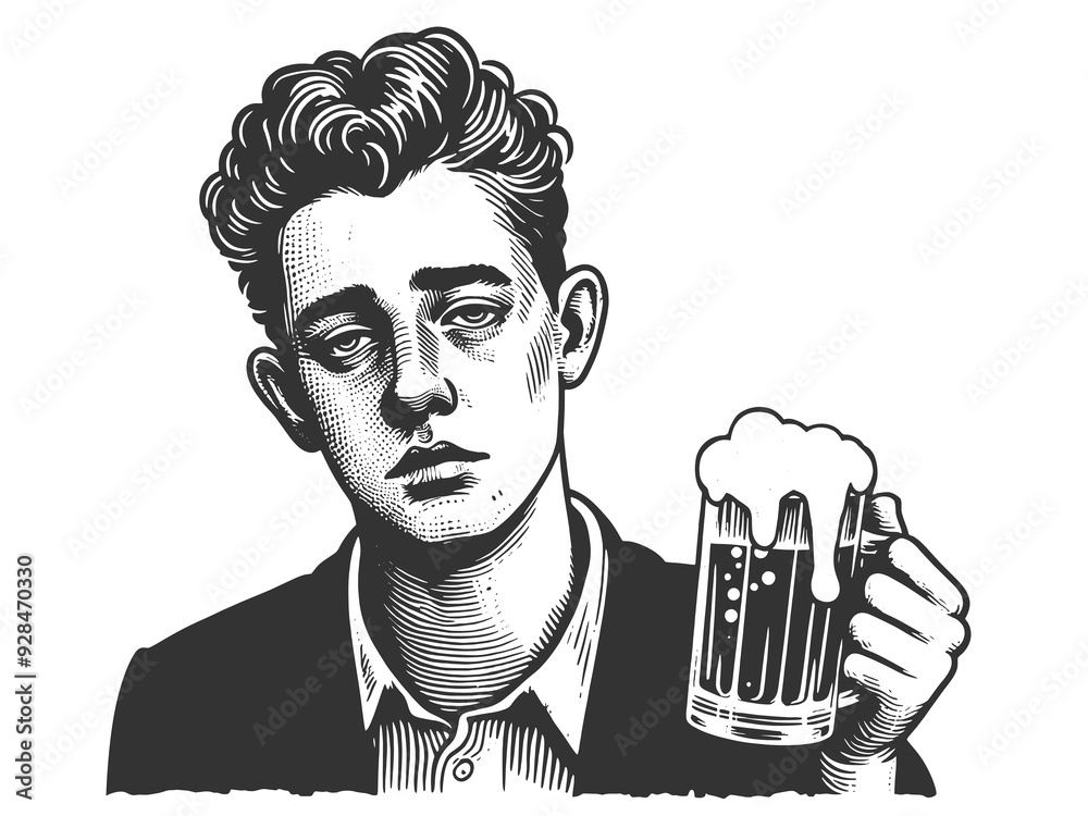 Alcoholic tired or melancholic man holding a frothy beer mug, sense of ...