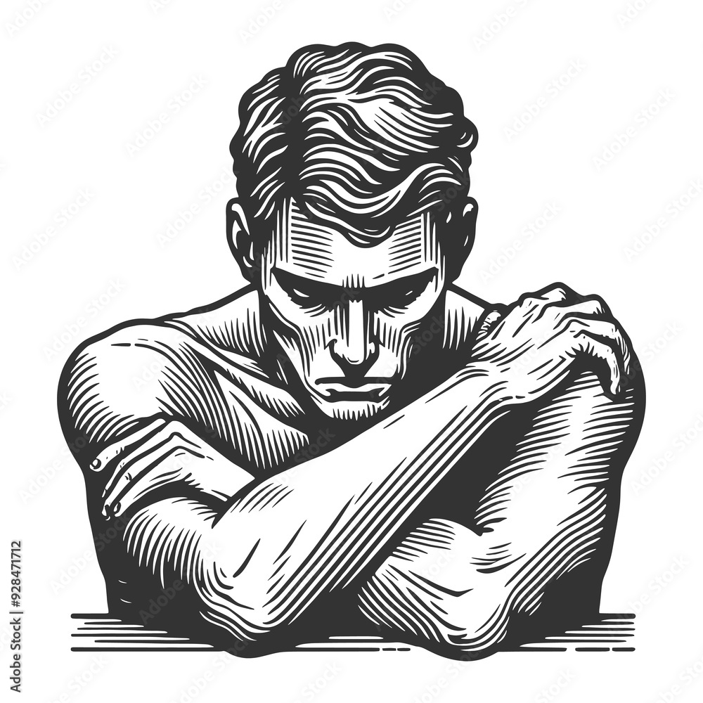 man with his arms crossed, looking down in a pensive and reflective ...