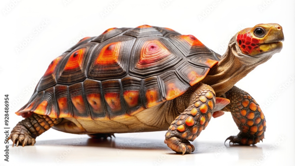 Profile of a red-footed tortoise walking away, its scaly shell and ...