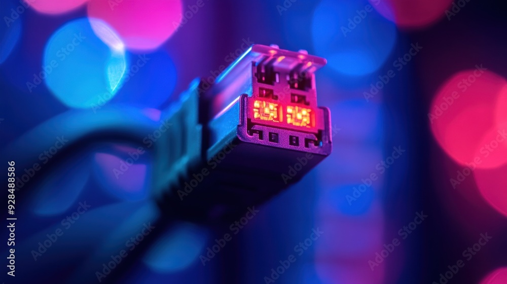 An illuminated network cable with an RJ45 connector set against a ...