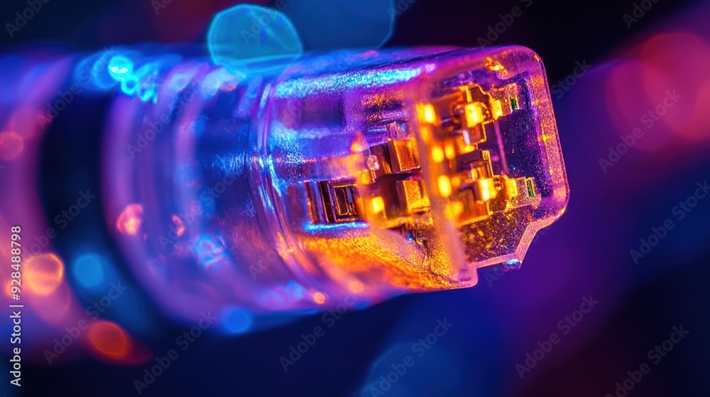 Close-up of an illuminated Ethernet cable connector with blurred blue ...