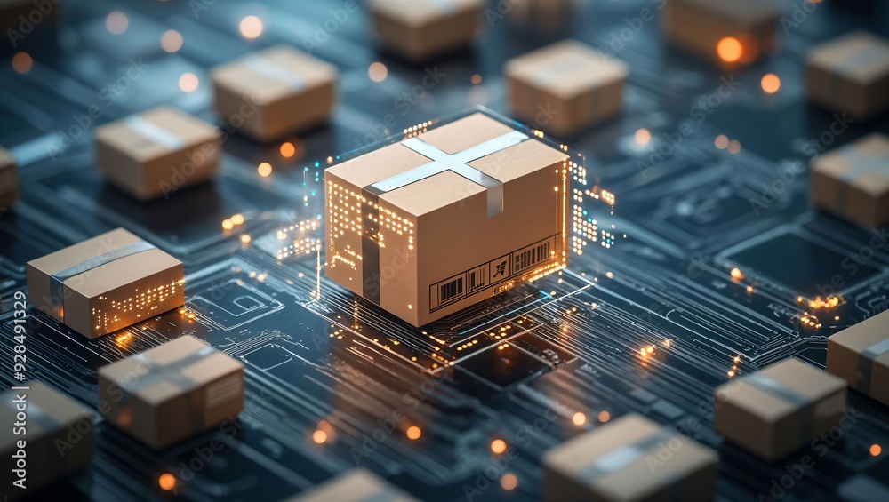 In a futuristic setting, a glowing parcel stands out among many boxes ...