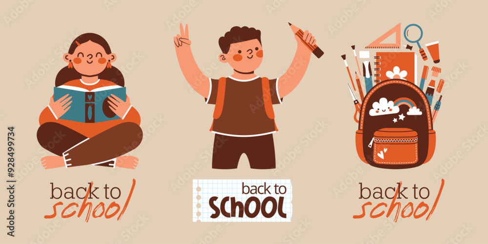 Back to school. Set of cliparts with portraits of standing school boy ...