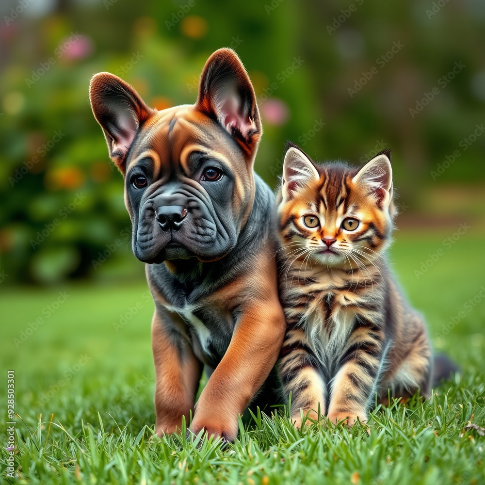 Two beautiful pets cane corso puppy and maine coon kitten posing ...