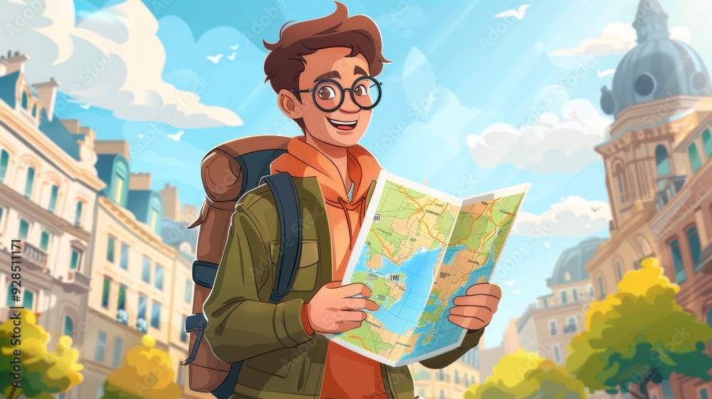 Cartoon vector traveler using a map to navigate in a foreign city Stock ...