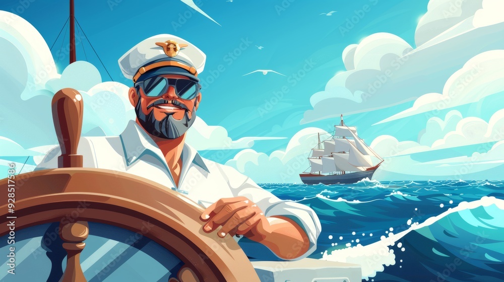 Cartoon vector captain navigating a ship at sea Stock Illustration ...