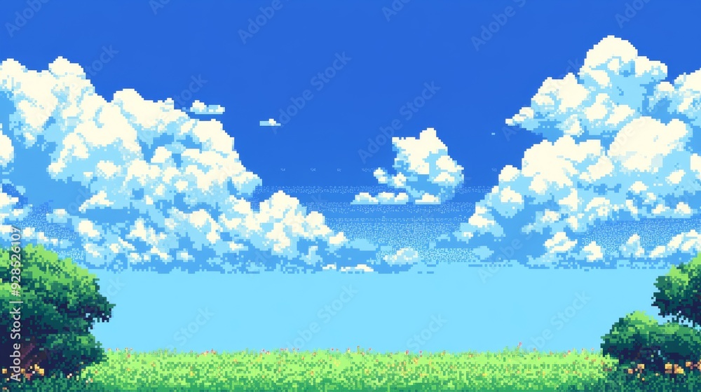The pixel art background features a blue sky with clouds and a green ...