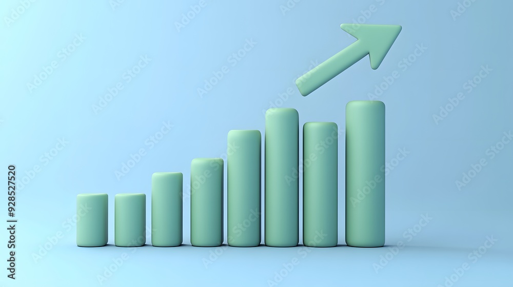 Green bar graph showing upward growth and increasing trend on a light ...
