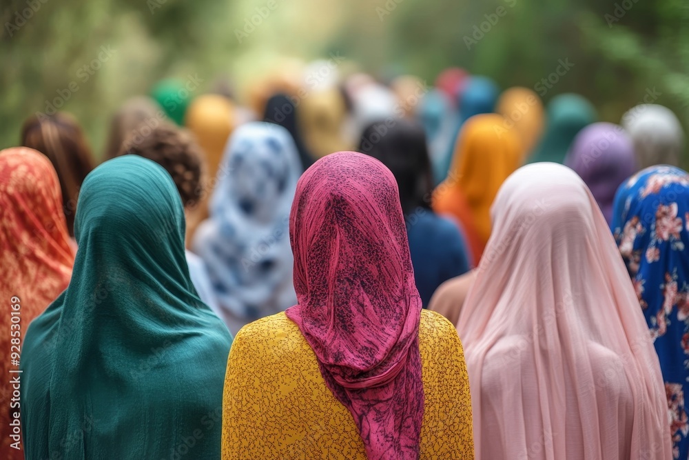 Back view of many diverse women of different ages, nationalities and ...