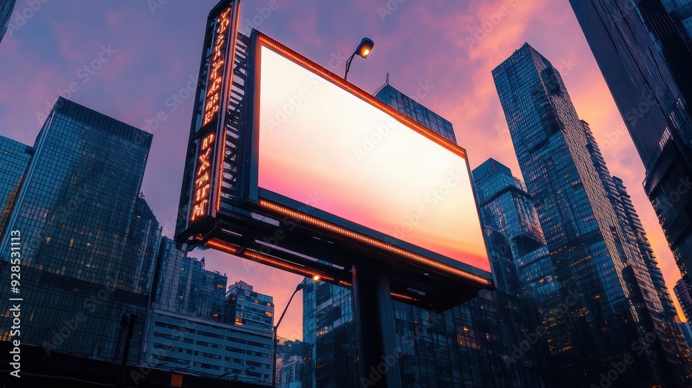 ภาพประกอบสต็อก Dynamic urban billboard with neon lights and reflective ...