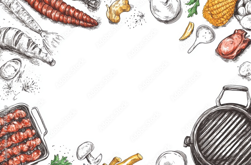 Sketch style drawn background frame with grill theme, with sausages and ...