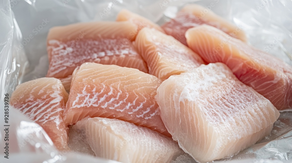 Frozen fish fillets in a clear plastic bag, showing the frosty texture ...