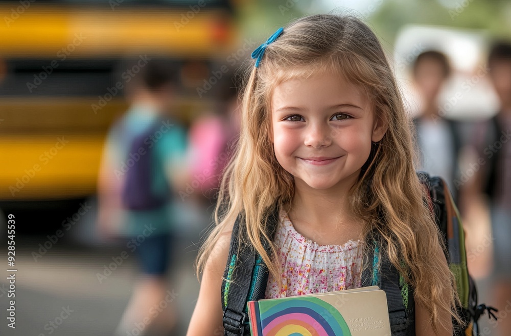 Back to School Theme. Happy Funny little caucasian girl is smiling and ...