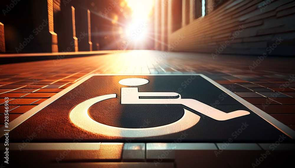 Extreme close-up of a wheelchair access sign on a city sidewalk. White ...