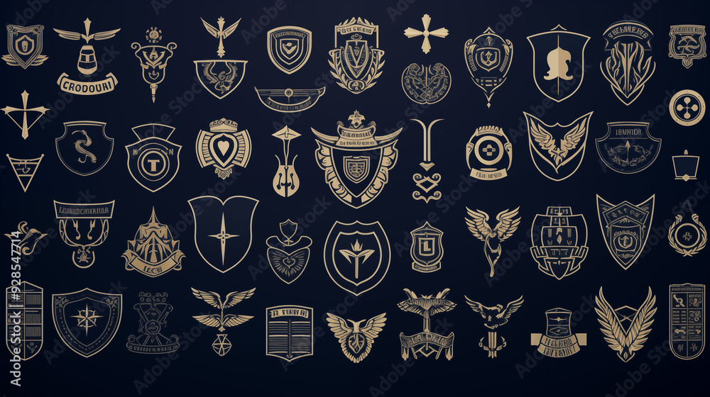 Navy Blue and Gold Heraldic Emblems Collection Featuring Vintage ...