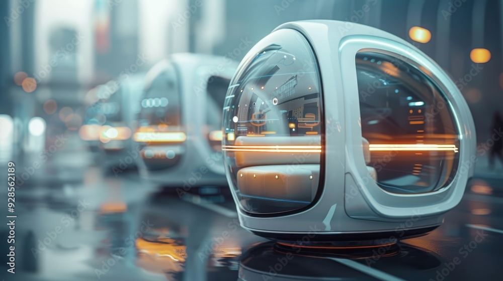 Futuristic autonomous vehicles on a city street, representing the ...