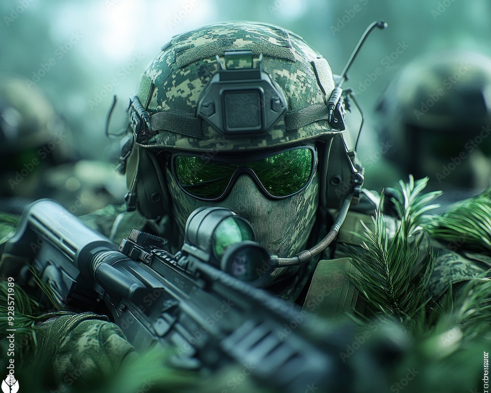 Camouflaged Soldiers in a Tactical Forest Setting, Ready for Action, Blending into the ...