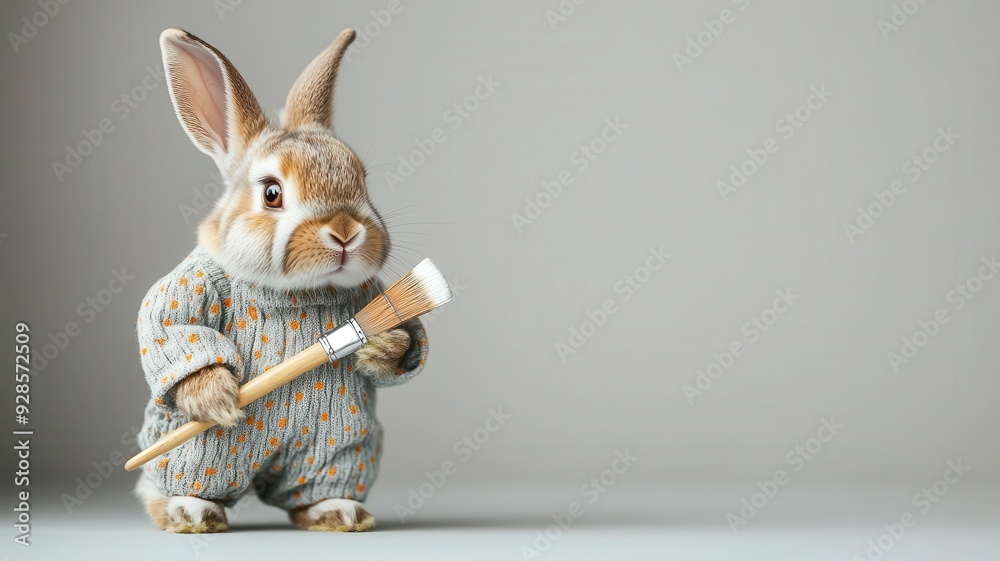 Small rabbit wearing a painter's outfit with a brush, located in the ...