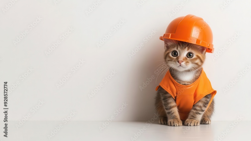 Tabby cat in construction gear sitting quietly in the corner of a clean ...