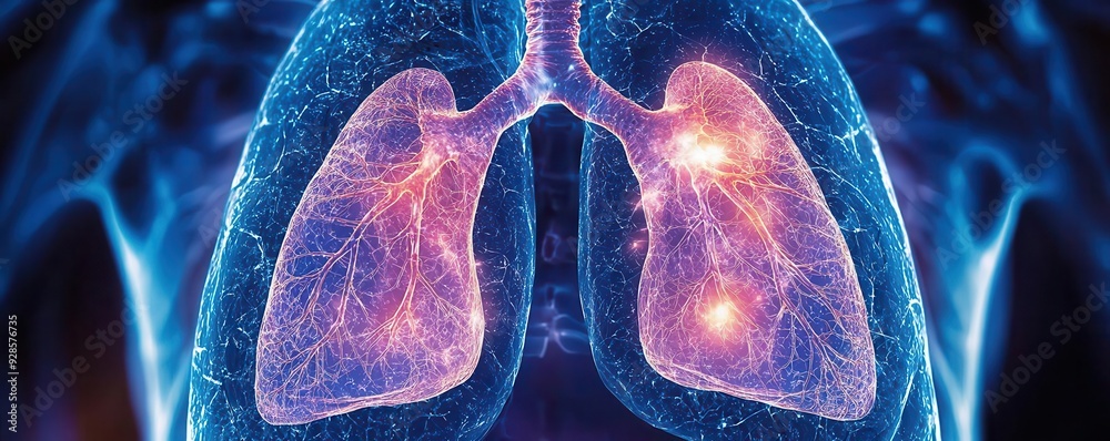 Detailed view of lungs in a COPD diagnosis scan, showing areas of ...