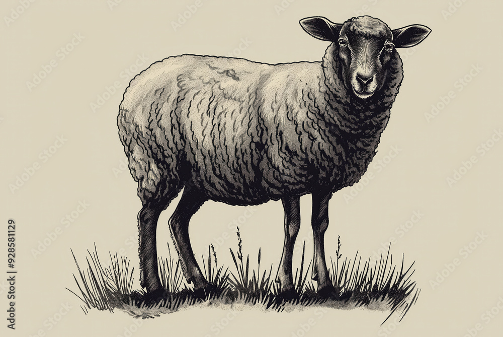 Sheep, lamb. Vintage retro print, black white sheep lamb sketch ink ...