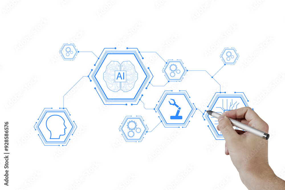 Hand drawing icons representing artificial intelligence, machine ...