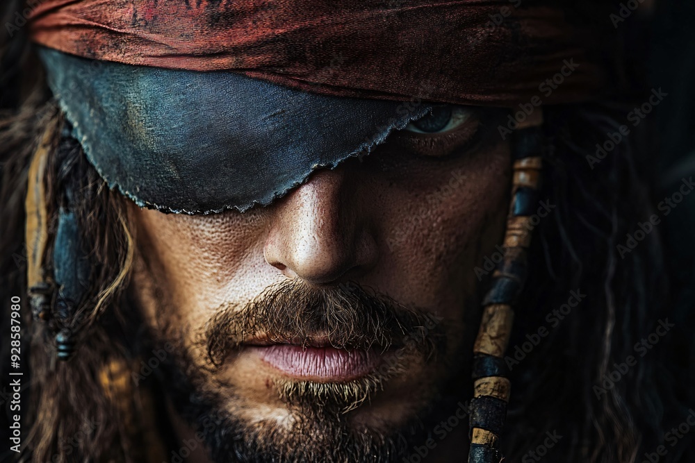 Serious male pirate with an eyepatch and bandana gazes intensely ...