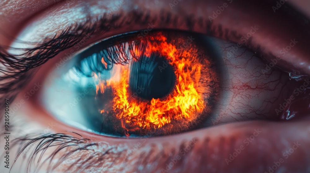 An eye with tears of fire, but the reflection shows a calm lake ...