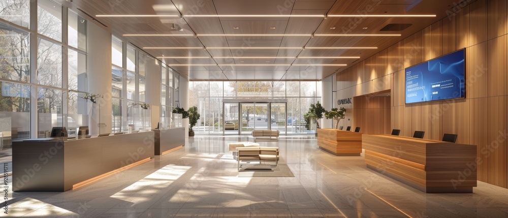 Futuristic High-Tech Office Lobby with Smart Check-In Systems and ...