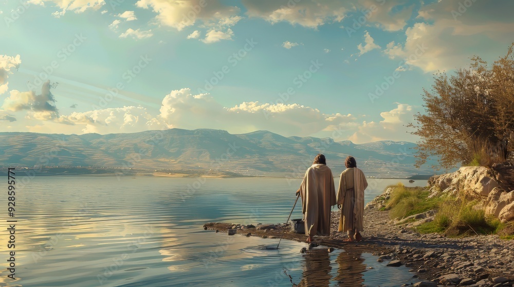 Jesus calling his first disciples, Peter and Andrew, as they are ...