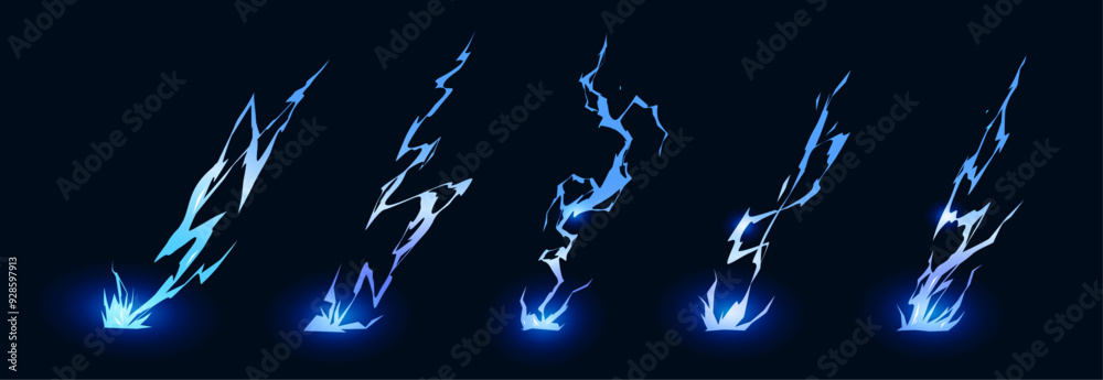 Thunderbolts hitting ground, isolated set of lightning sticking or ...