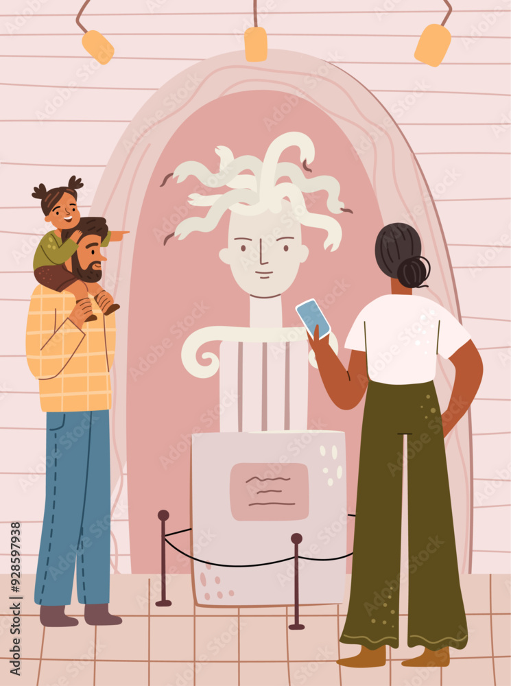 Gallery museum exposition of cartoon antique statue. Ancient historic ...