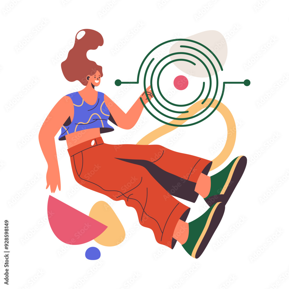 Vetor de Female character tapping on screen of device or gadget, flat ...