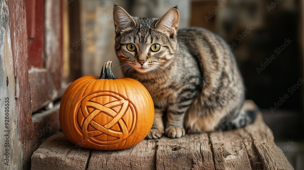Captivating Manx cat with a pumpkin carved into a Celtic knot design ...