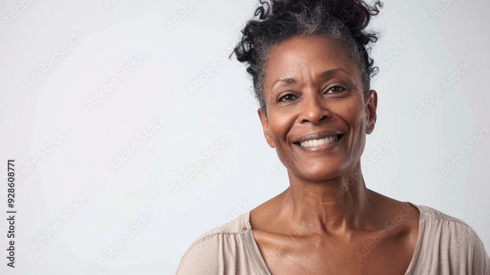 portrait of happy middle aged black woman isolated on white background ...