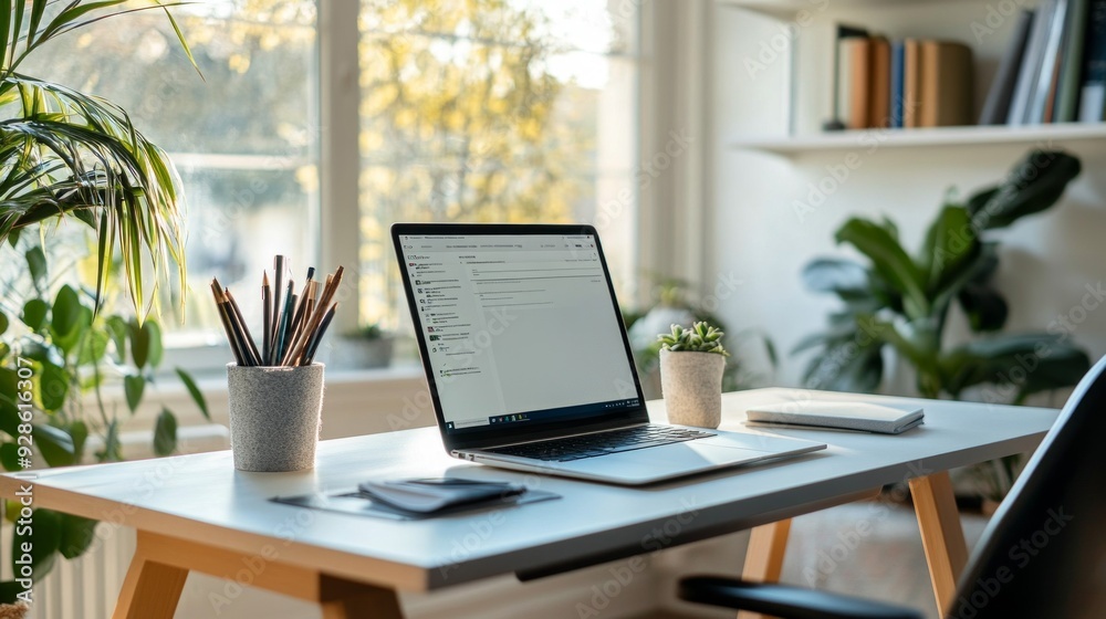Clean and organized workspace with a simple desk setup, including a ...