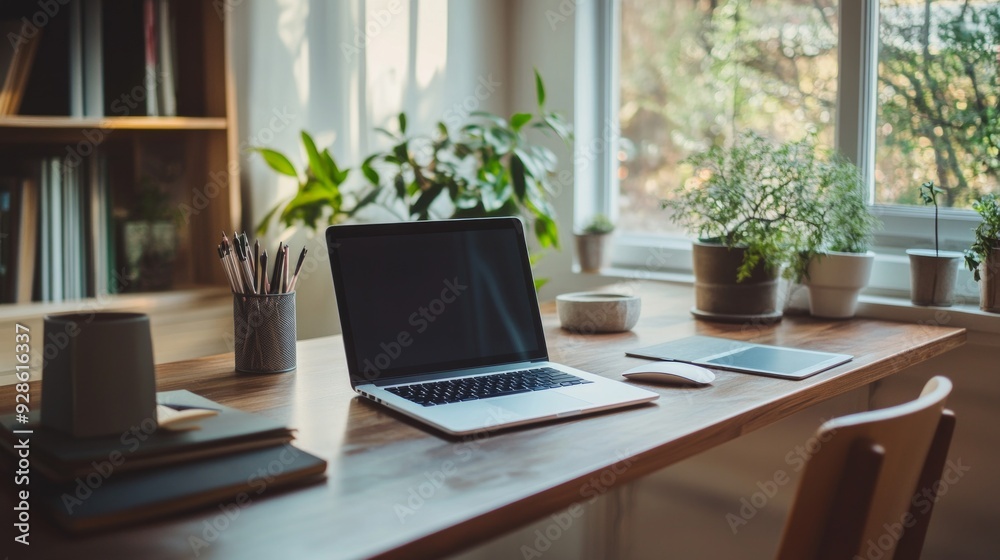 Clean and organized workspace with a simple desk setup, including a ...