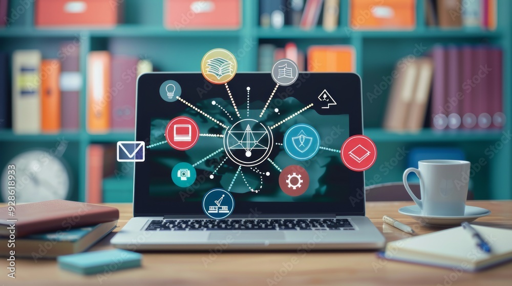 Digital learning concept with a laptop and floating icons for different ...