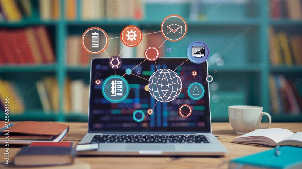 Digital learning concept with a laptop and floating icons for different ...