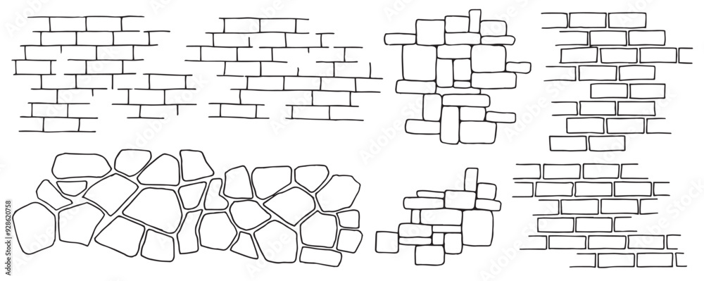 set of brick and stone wall textures, linear drawing in doodle style ...