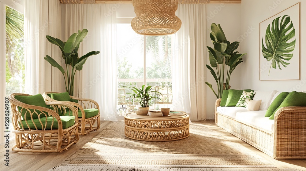 Tropical-themed living room, rattan furniture, bright green cushions ...