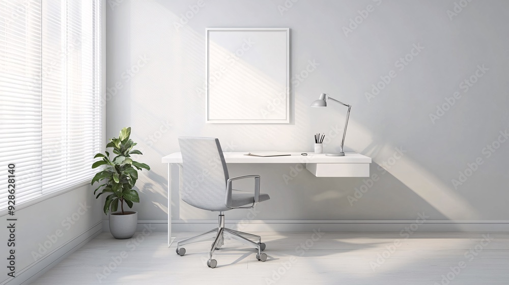 Minimalist office space, sleek white desk with a simple desk lamp ...