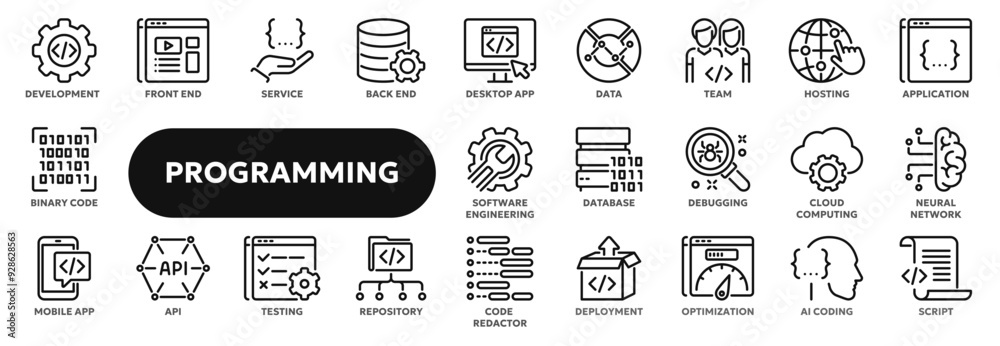 Set of vector line icons related to programming and coding, desktop and ...
