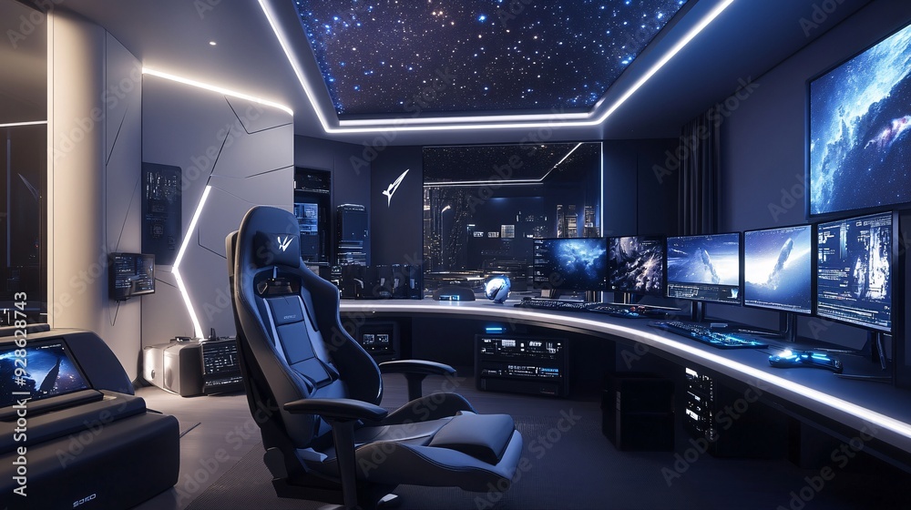 Sci-fi themed gaming room, futuristic gaming chair with LED accents ...