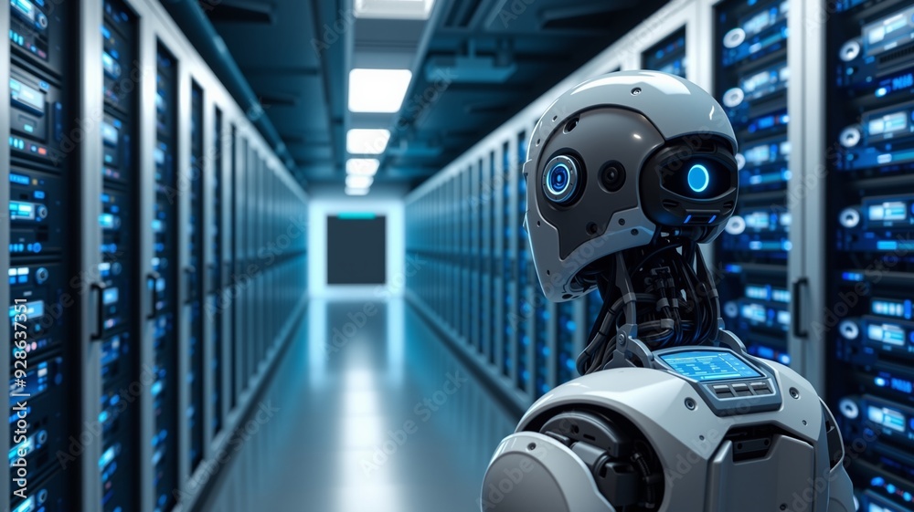 Robot Monitoring Server Farm in Data Center, A high-tech robot inspects ...