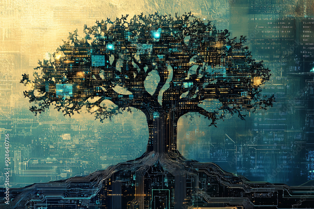 futuristic tree with roots and branches connected by digital circuits ...