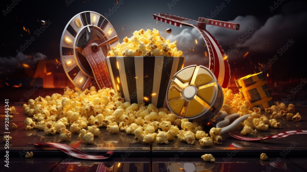 Realistic cinema advertising poster. Popcorn bucket, clapperboard ...
